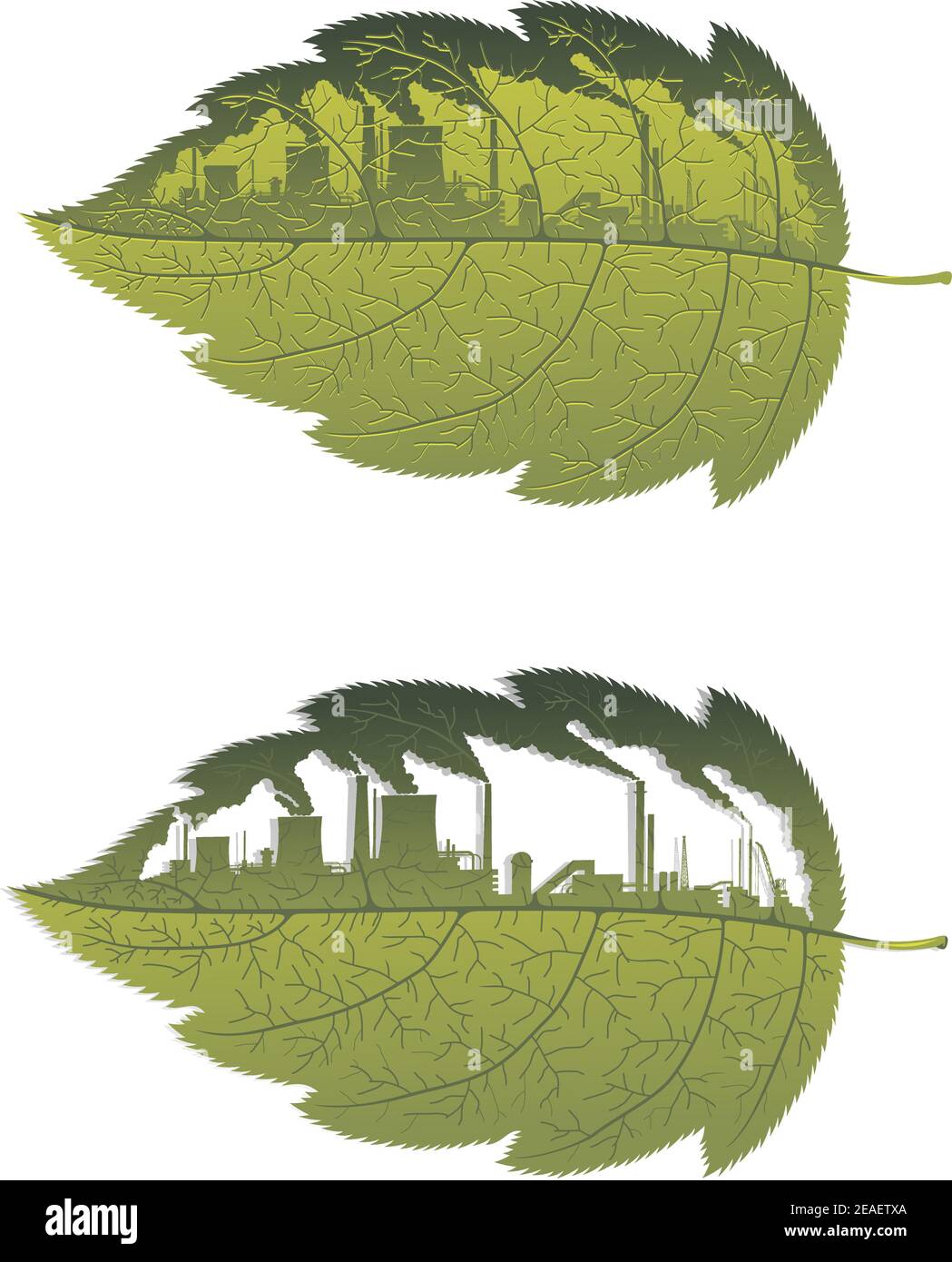 Green leaf with factory building for environment, ecology or pollution ...