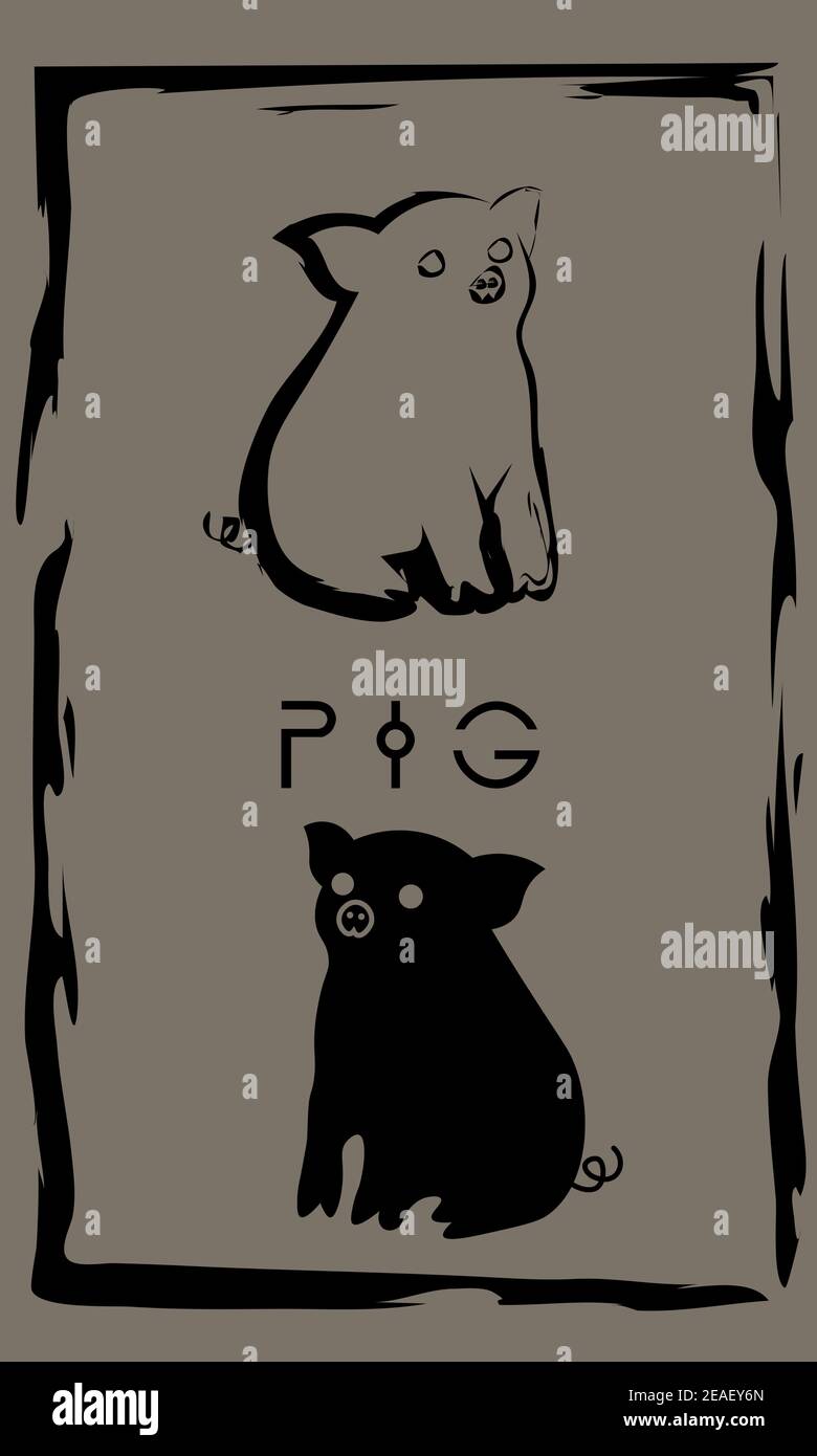 drawing of cute pig in primitive ancient style, year of pig Stock ...