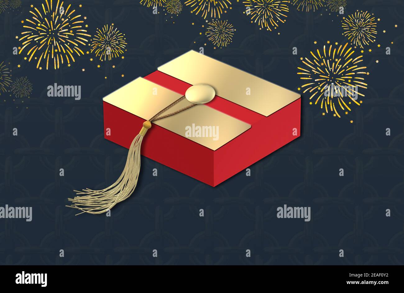 Happy new year banner, gift box with gold tassel, fireworks. Chinese ...