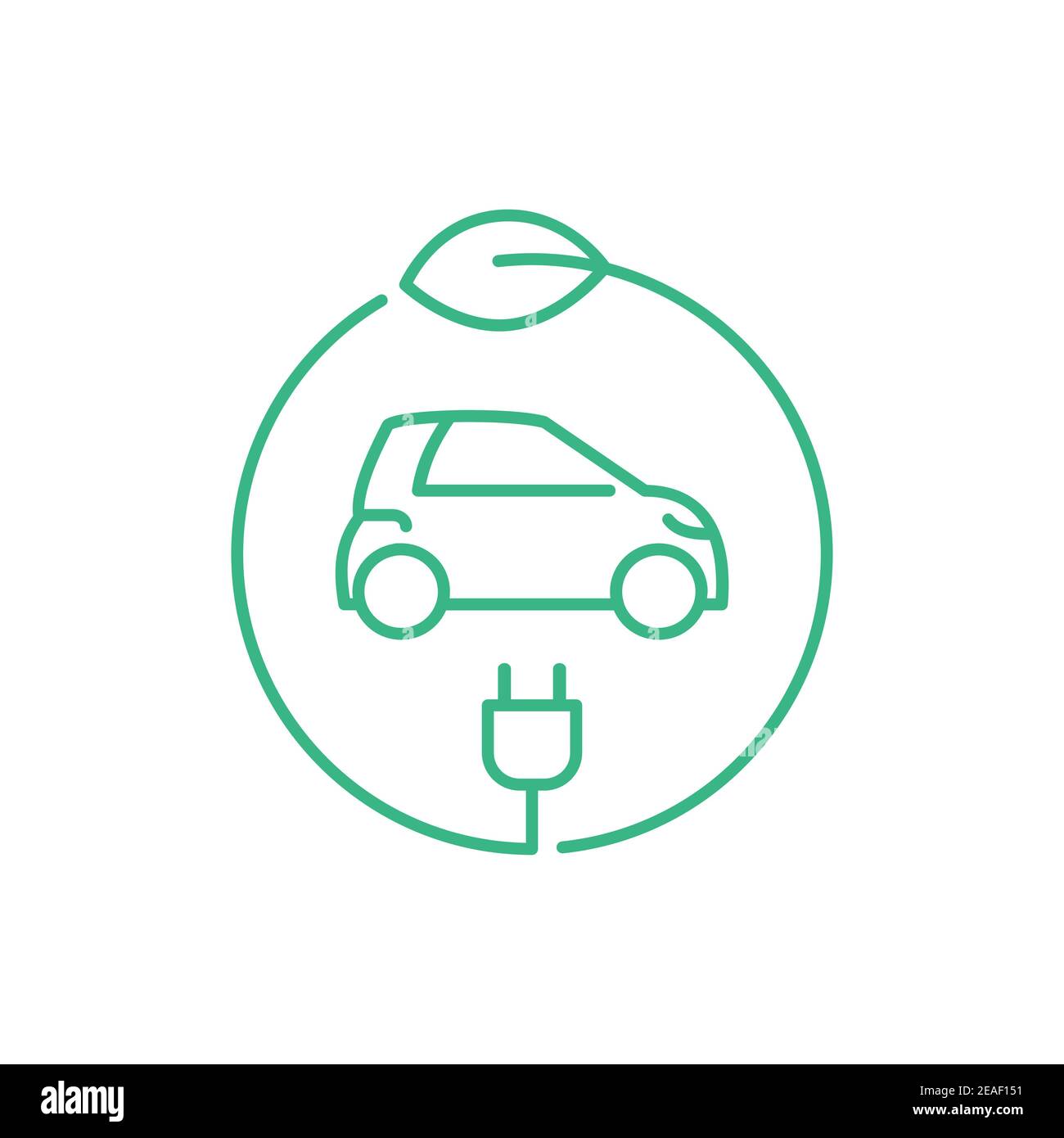 Electric car in a circle with a leaf and a plug. Hybrid vehicle ...