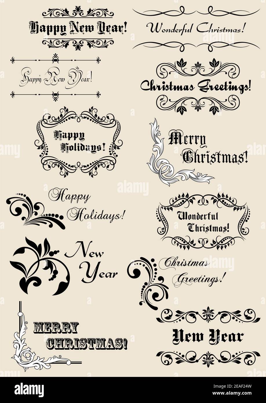 Winter holidays calligraphic elements with scripts and decorations for ...