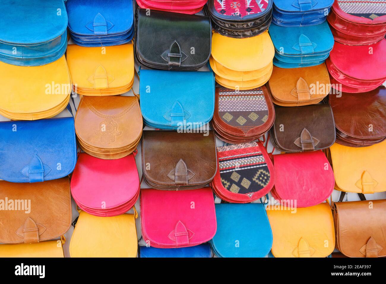 Background of arabic leather bags hanging on the wall, Sidi Bou Said ...
