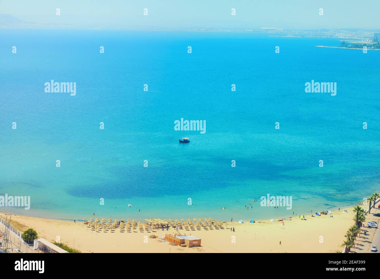 Top view of the city beach with azure sea in Sidi Bou Said. Copy space ...