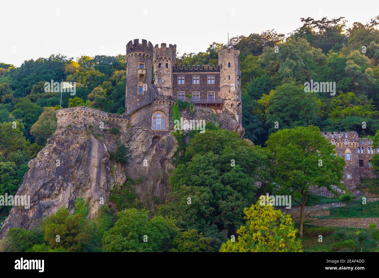 Burg Rheinstein overlooking valley of river Rhein in Germany Stock ...