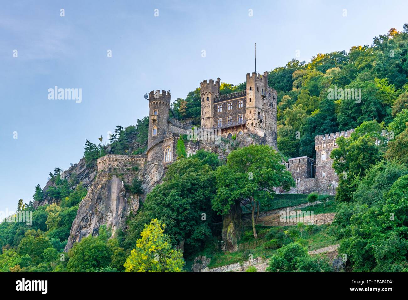 Burg Rheinstein overlooking valley of river Rhein in Germany Stock ...