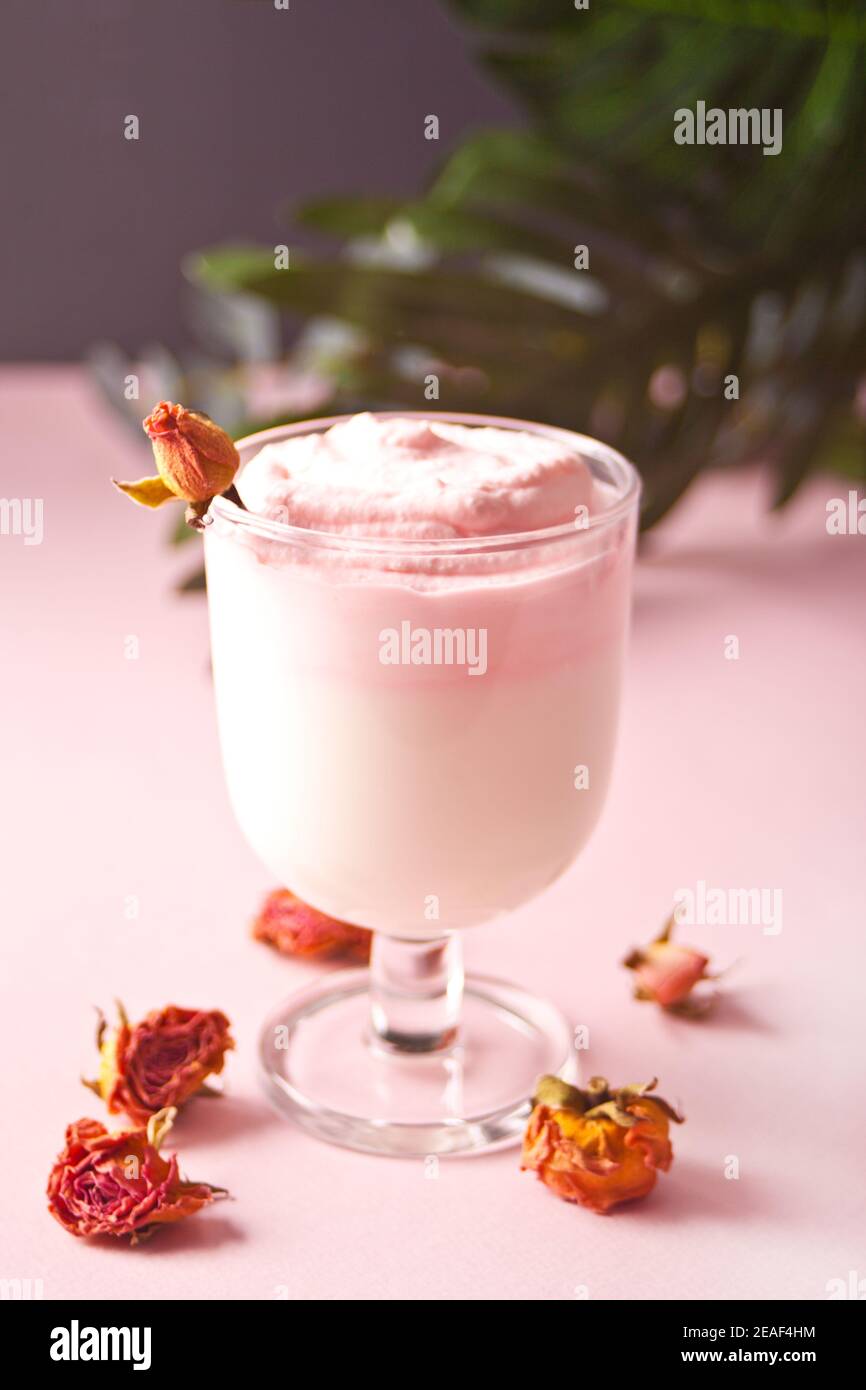 Glass of rose iced Dalgona whipped drink coffee Stock Photo - Alamy