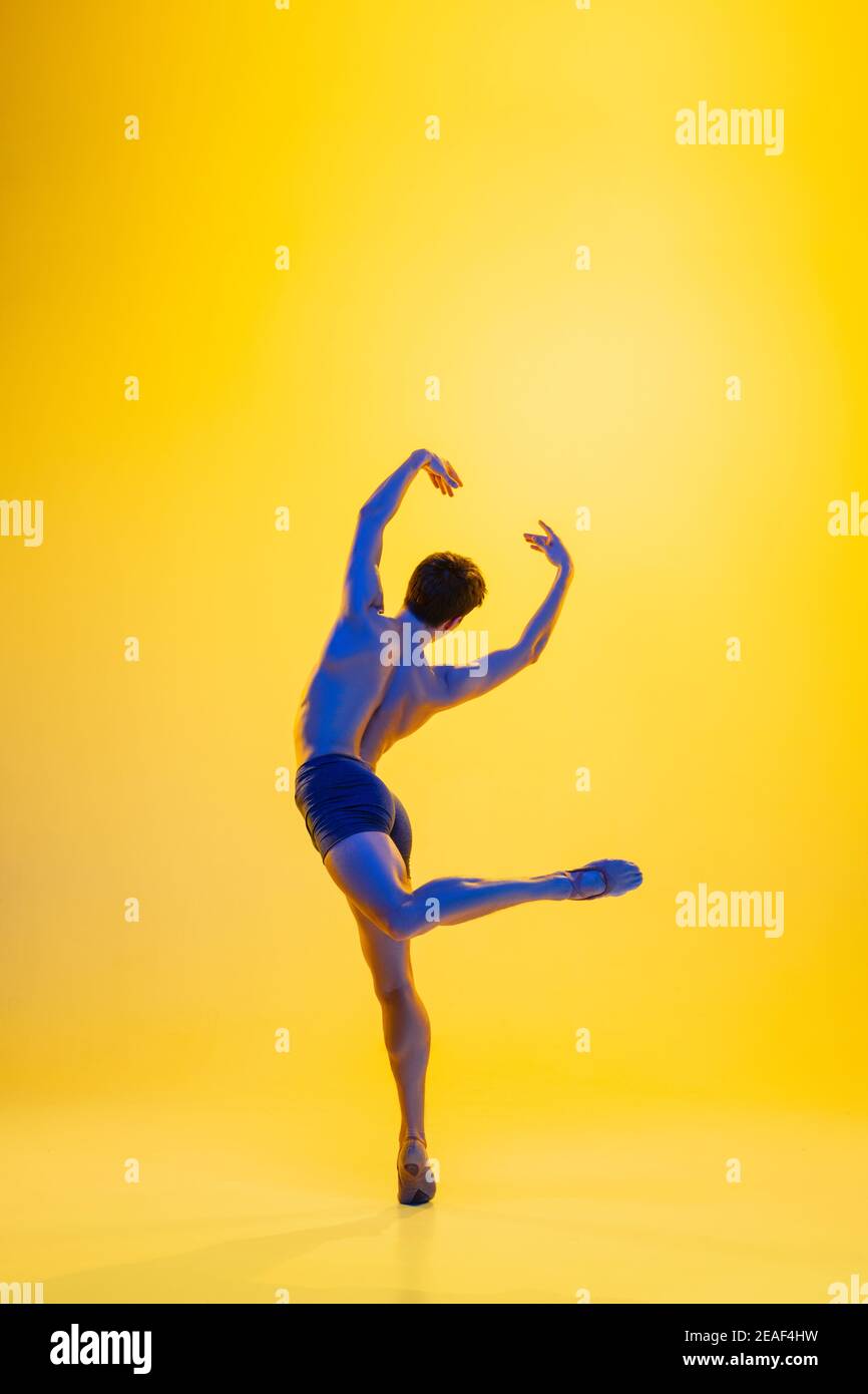 Strong. Young and graceful ballet dancer on yellow studio background in ...