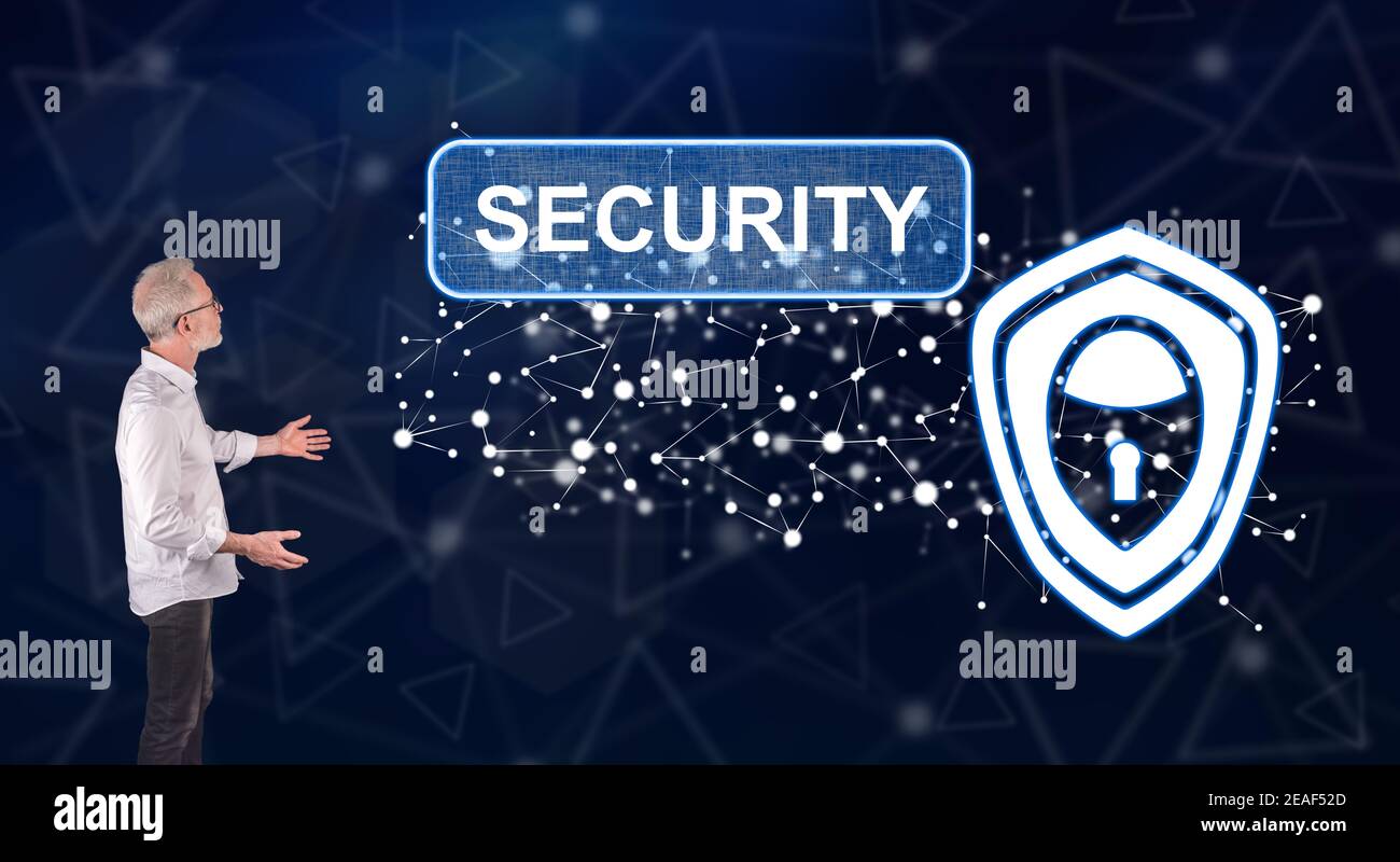 Businessman showing a cyber security concept on a wall screen Stock ...