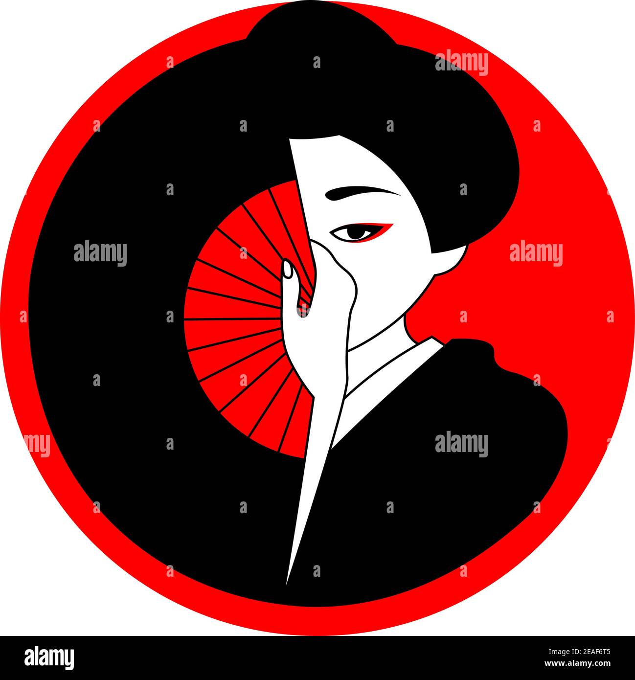 red circle icon with cute geisha hiding her face behind a fan Stock ...