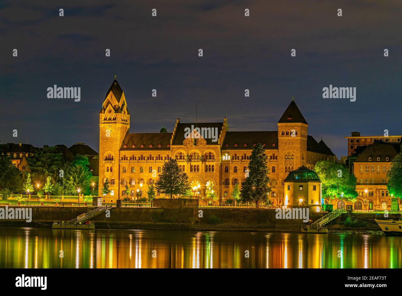 Night view of historical building of Prussian government in Koblenz ...