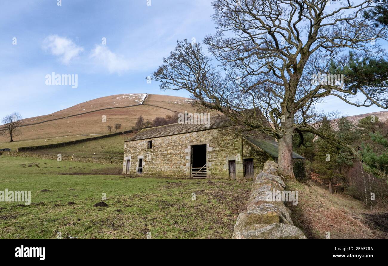 Field barn at the entrance to Crowden Brook on Kinder Scout near Edale ...