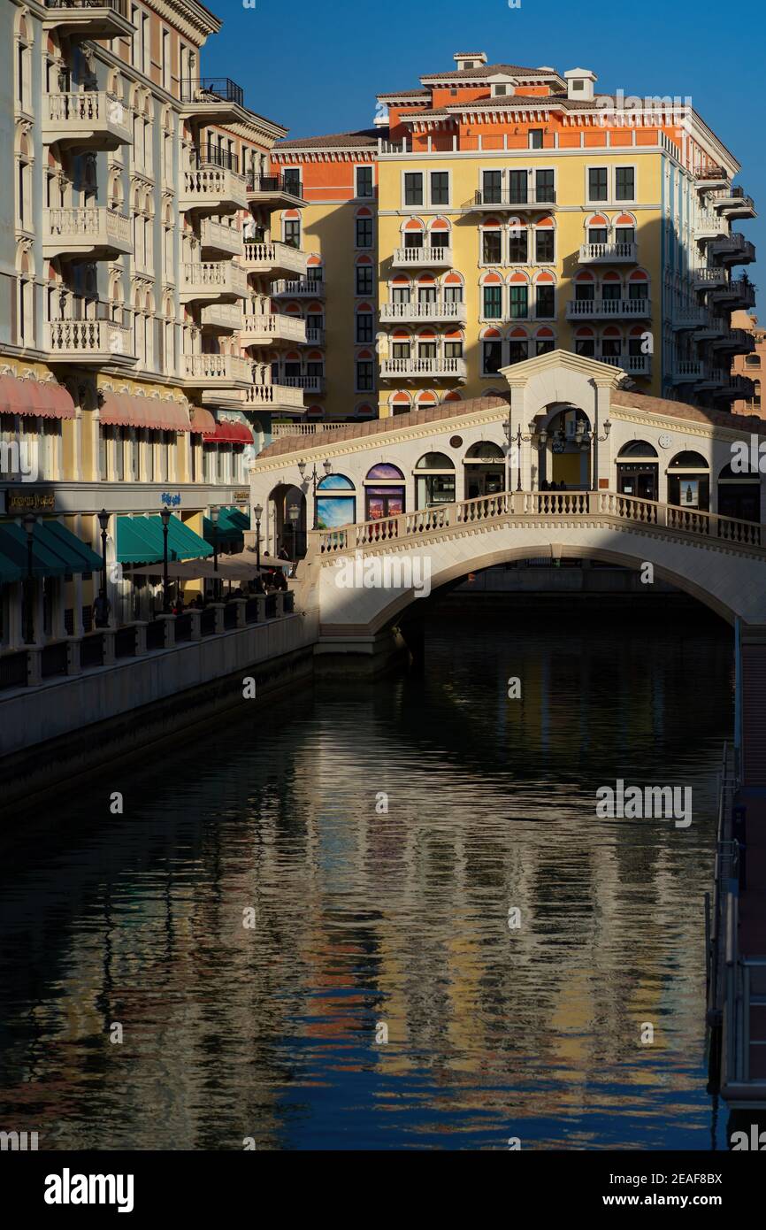 Qanat Quartier precinct in The Pearl, Doha, with pastel-colored low ...