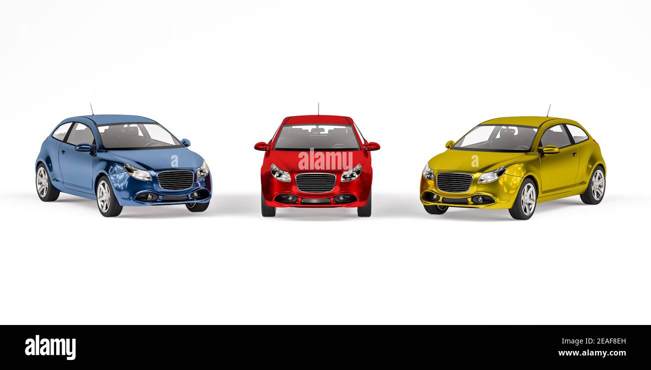 Hatchback passenger car in three metallic colors blue, red and yellow ...