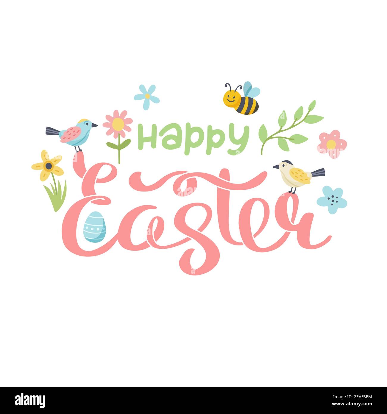 Happy easter lettering with birds, bees and flowers. Cute hand drawn ...