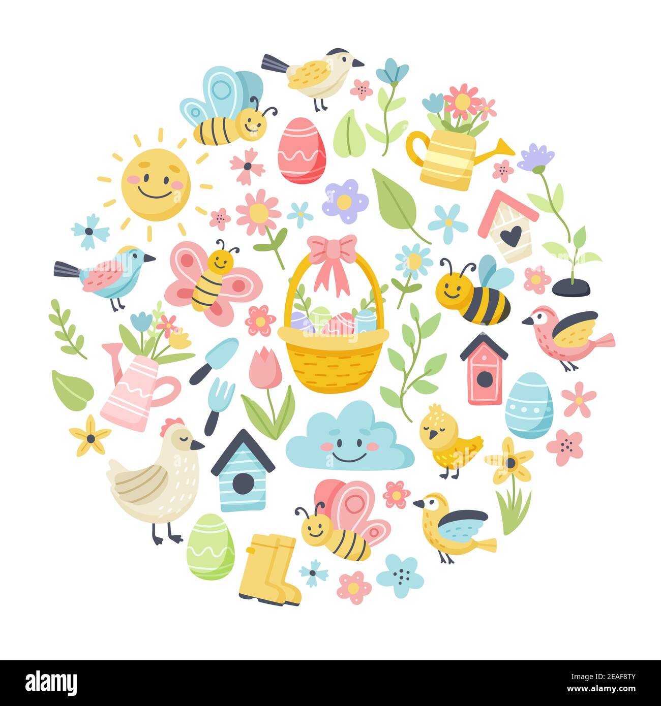 Easter spring set with cute eggs, birds, bees, butterflies. Hand drawn ...