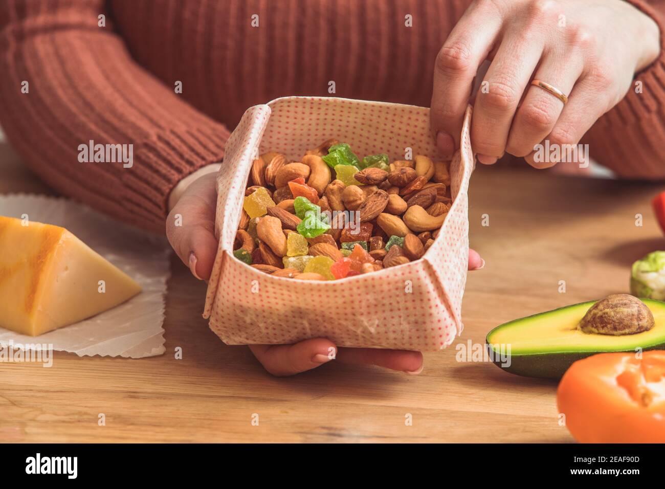 Snack or lunch to take away, wrapped in beeswax cloth Stock Photo - Alamy