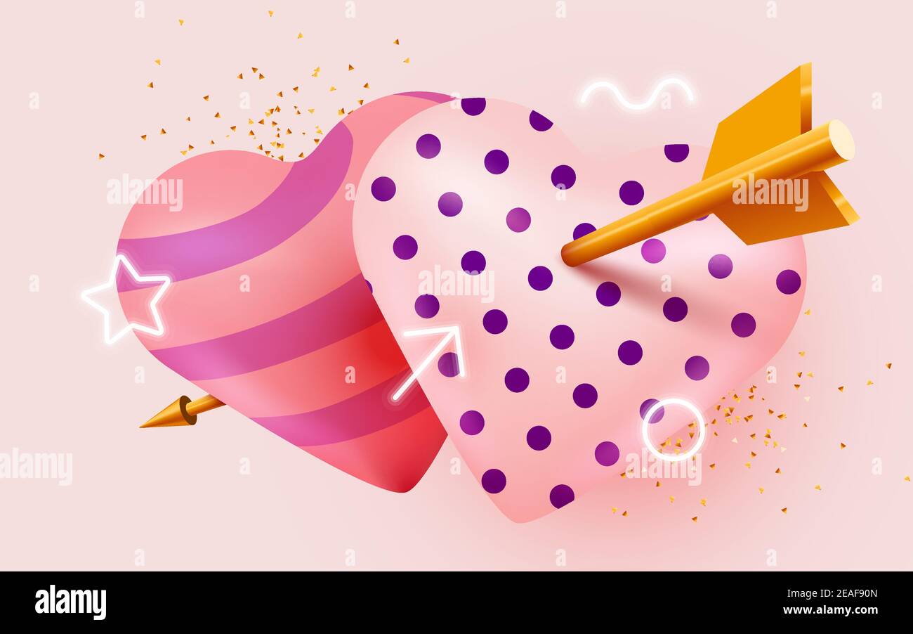 Two loving hearts pierced with cupid arrow. Valentine day or wedding ...