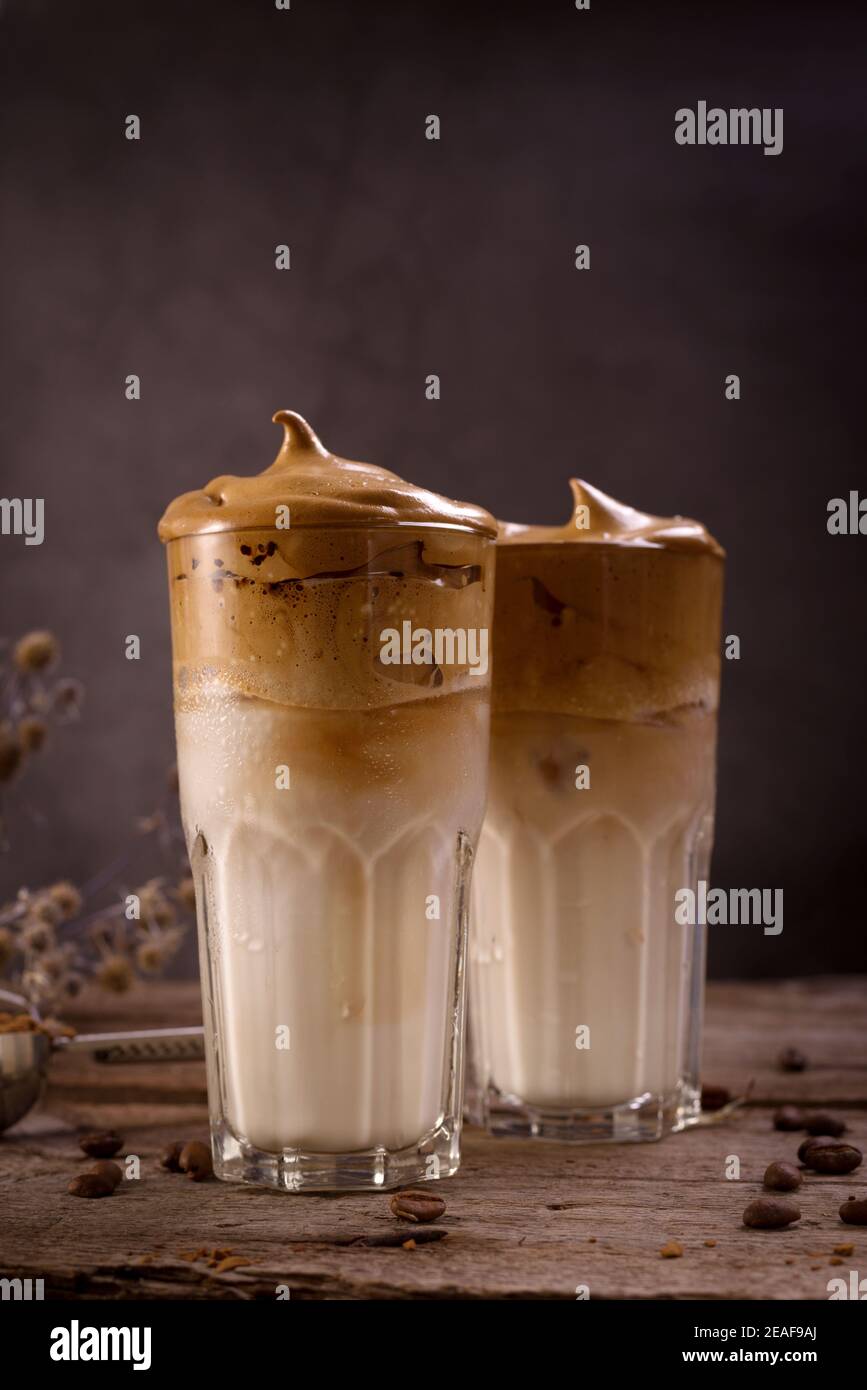 Dalgona Coffee. Whipped icing drink with instant coffee popular in ...