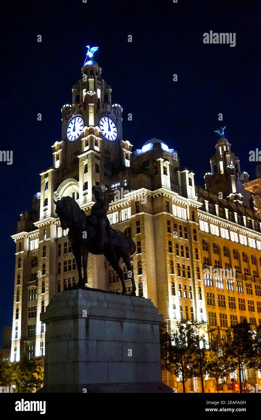 Edward VII horse Monument & The Royal Liver Building at night ...