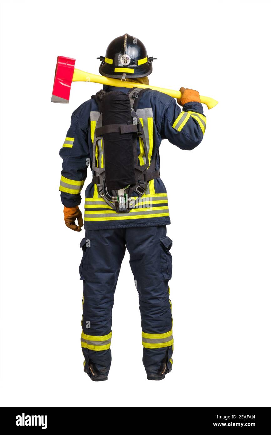 Back side view of firefighter in fire-proof uniform Stock Photo - Alamy