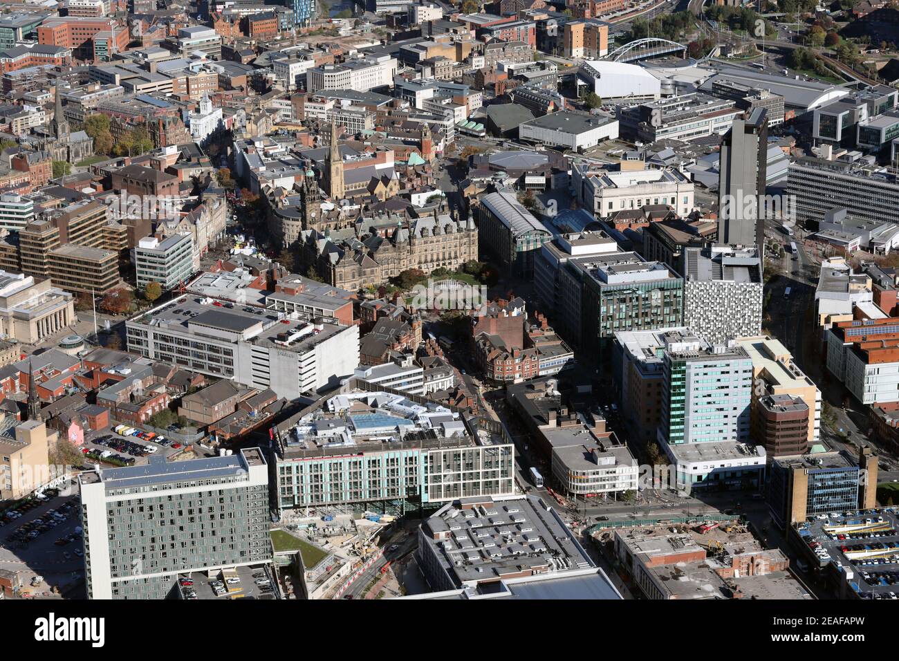 aerial view of Sheffield city centre looking north east up Pinstone ...