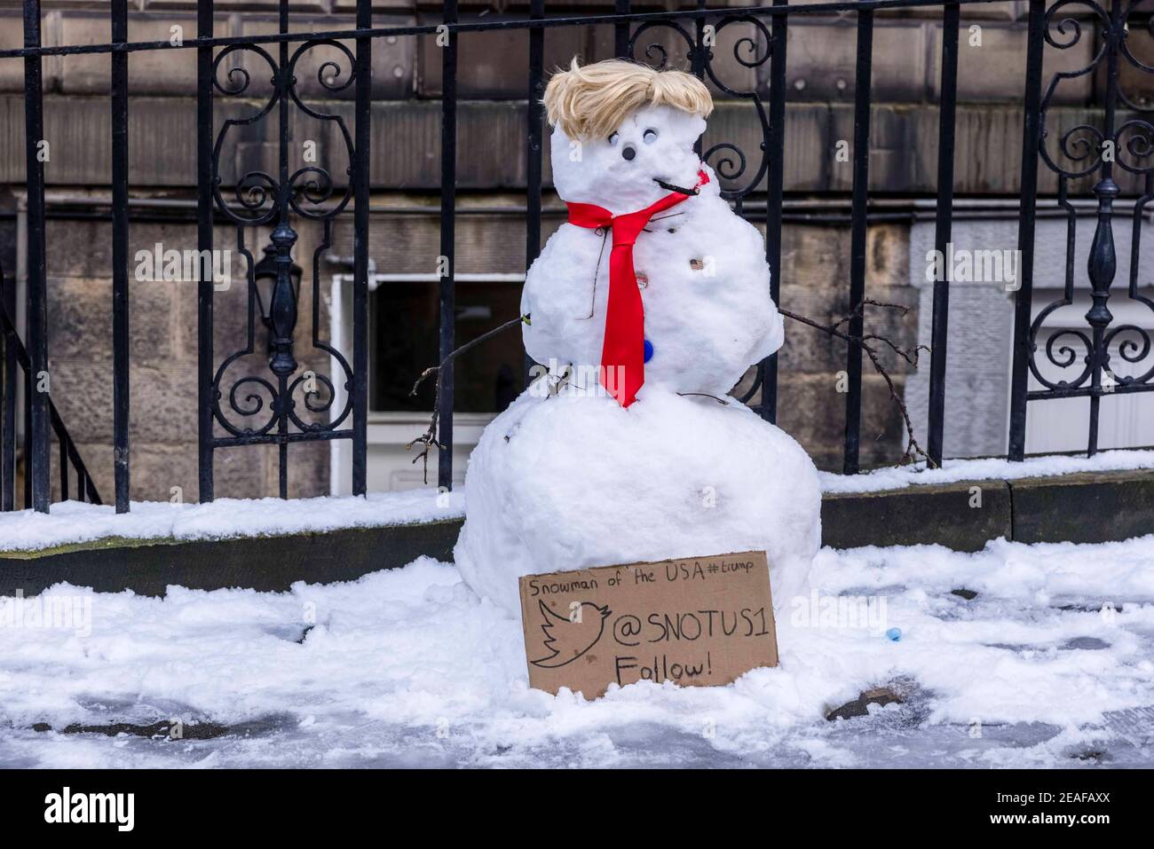 Edinburgh, United Kingdom. 09 February, 2021 Pictured: A snowman made ...