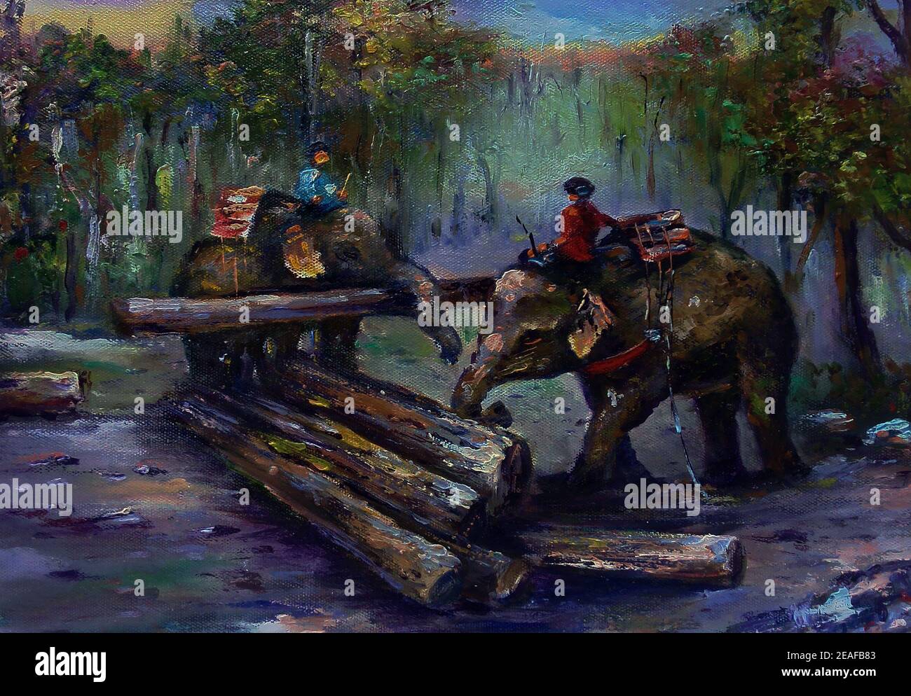 Art painting Oil color Elephant family thailand , elephant hauling logs ...