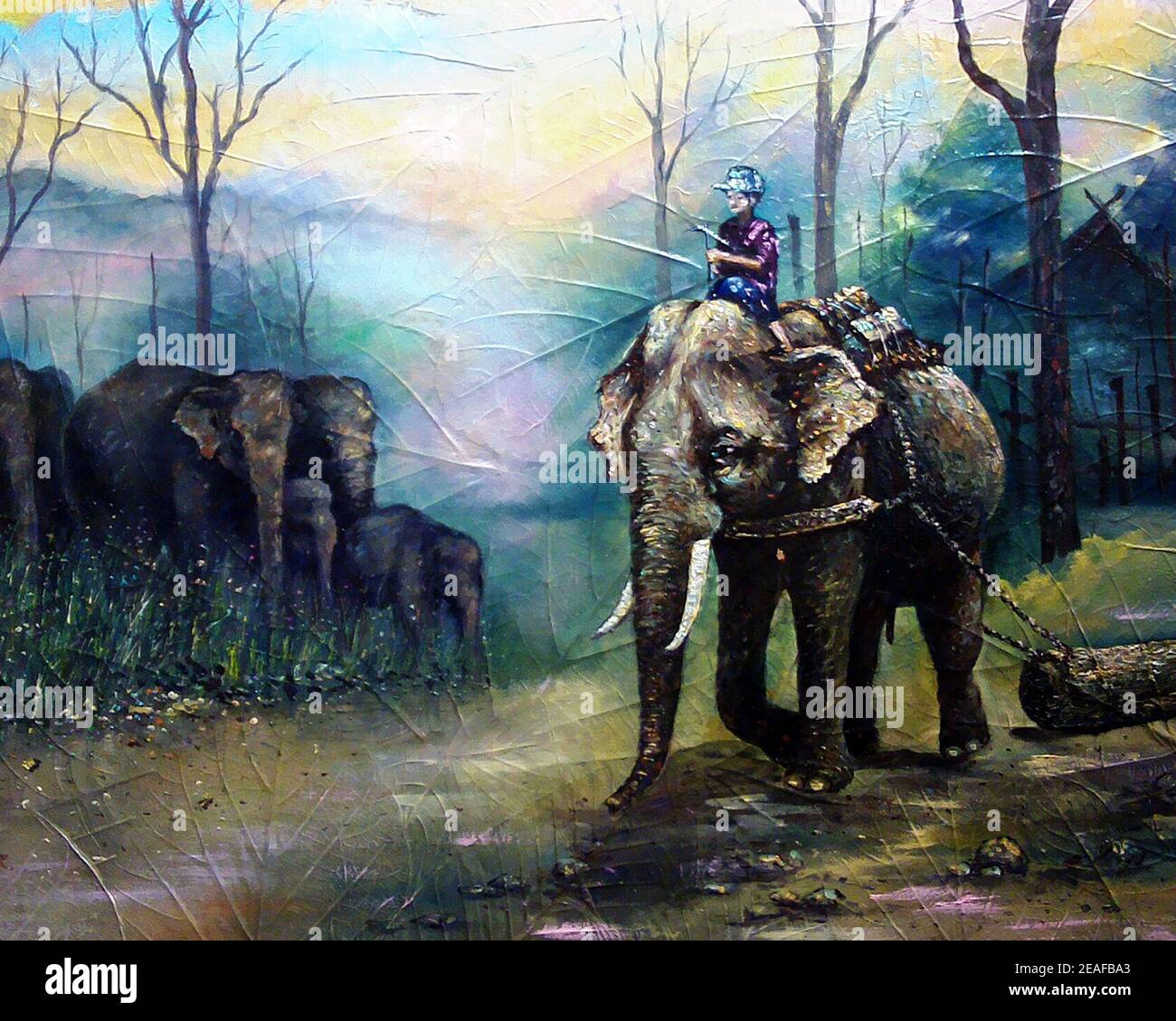 Art painting Oil color Elephant family thailand , elephant hauling logs ...