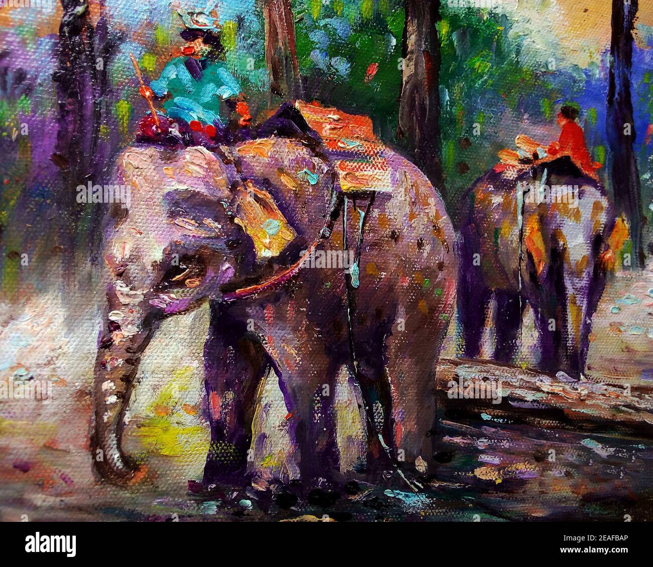 Art painting Oil color Elephant family thailand , elephant hauling logs ...
