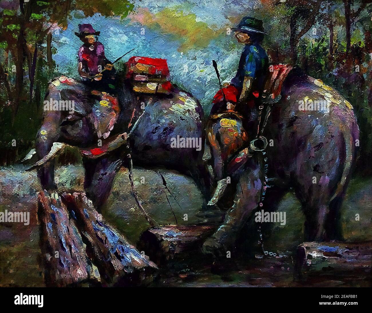 Art painting Oil color Elephant family thailand , elephant hauling logs ...