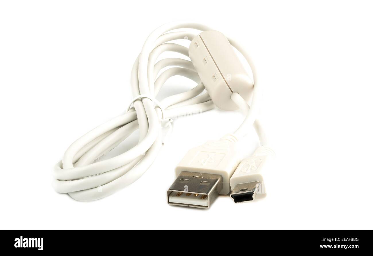 White data cable with ferrite filter and USB connectors. White cable on ...