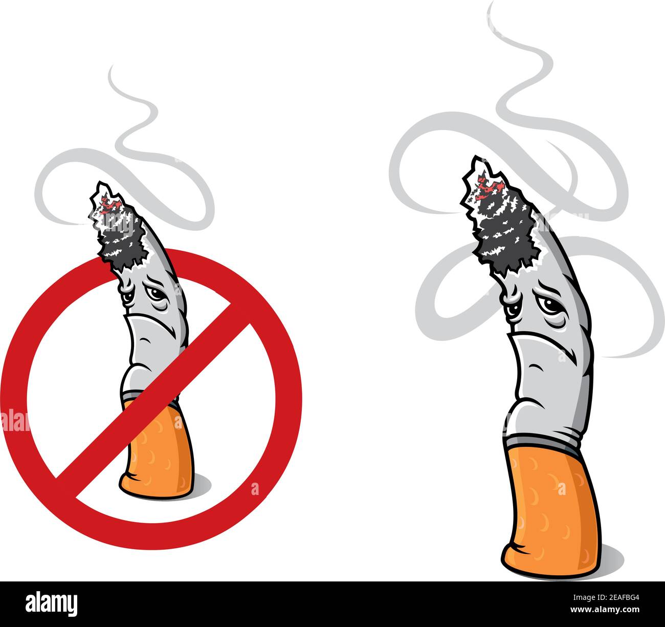 Closeup cigarette for sign of prohibition smoke and nicotine in cartoon ...