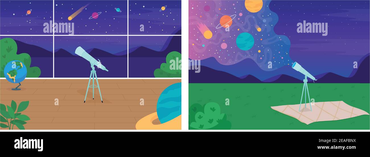 Space exploration with telescope flat color vector illustration set ...