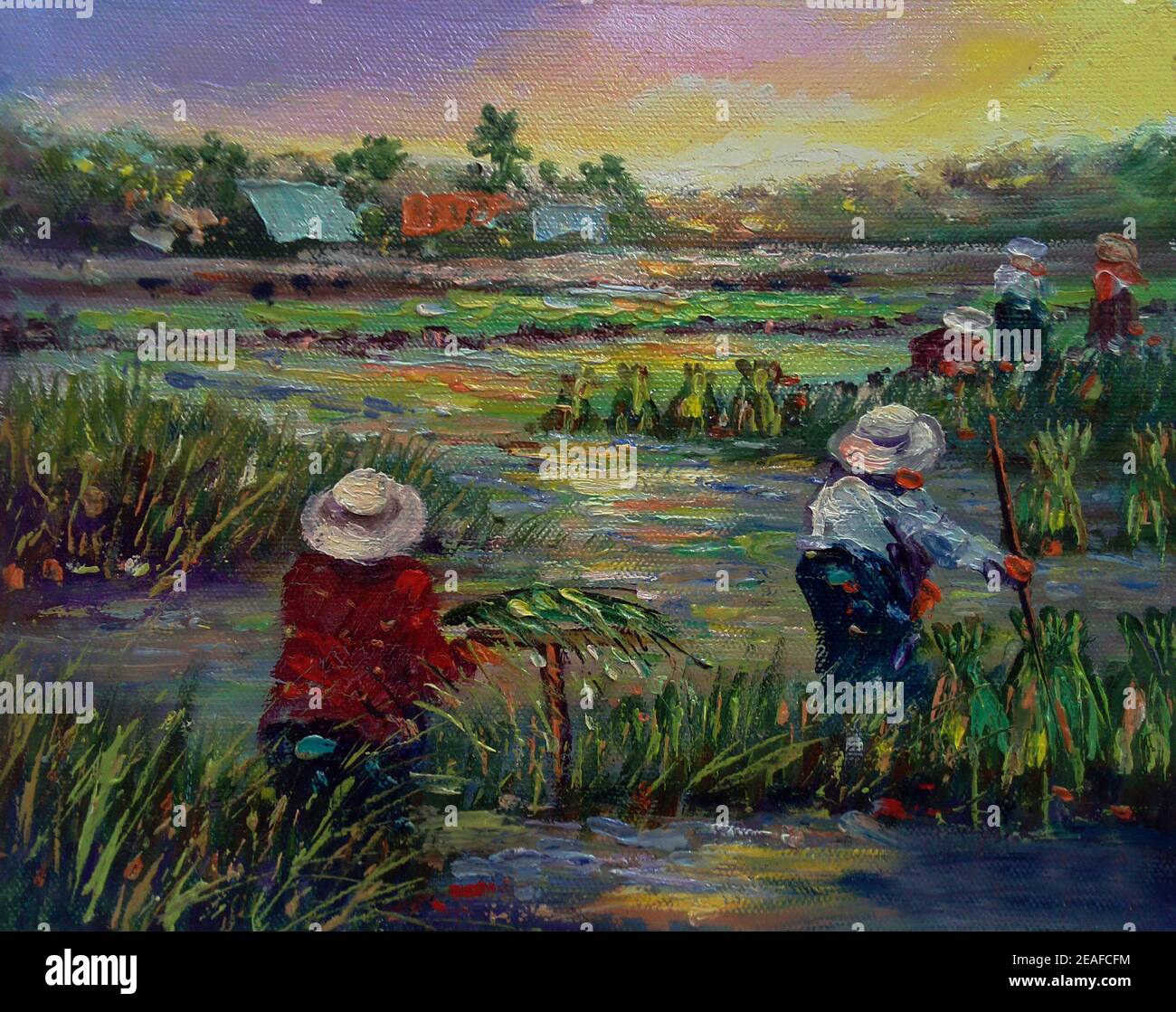 Art, painting ,Acrylic, color ,,Thai land Grow rice , Transplant rice ...