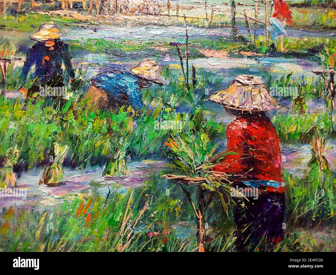 Art, painting ,Acrylic, color ,,Thai land Grow rice , Transplant rice ...