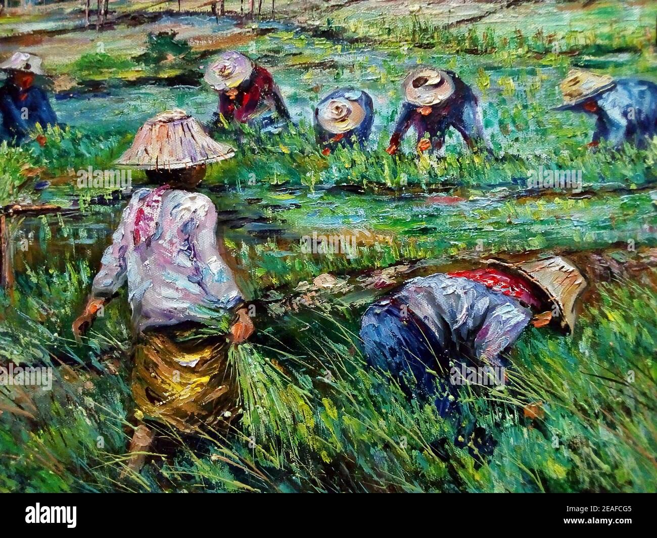 Art, painting ,Acrylic, color ,,Thai land Grow rice , Transplant rice ...