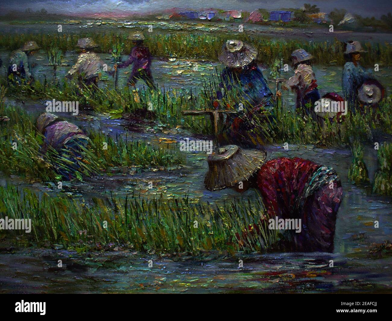 Art, painting ,oil color ,,Thai land Grow rice , Transplant rice ...