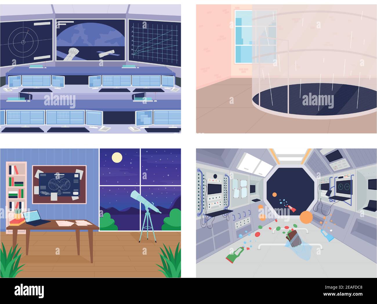 Different space exploration facilities flat color vector illustration ...