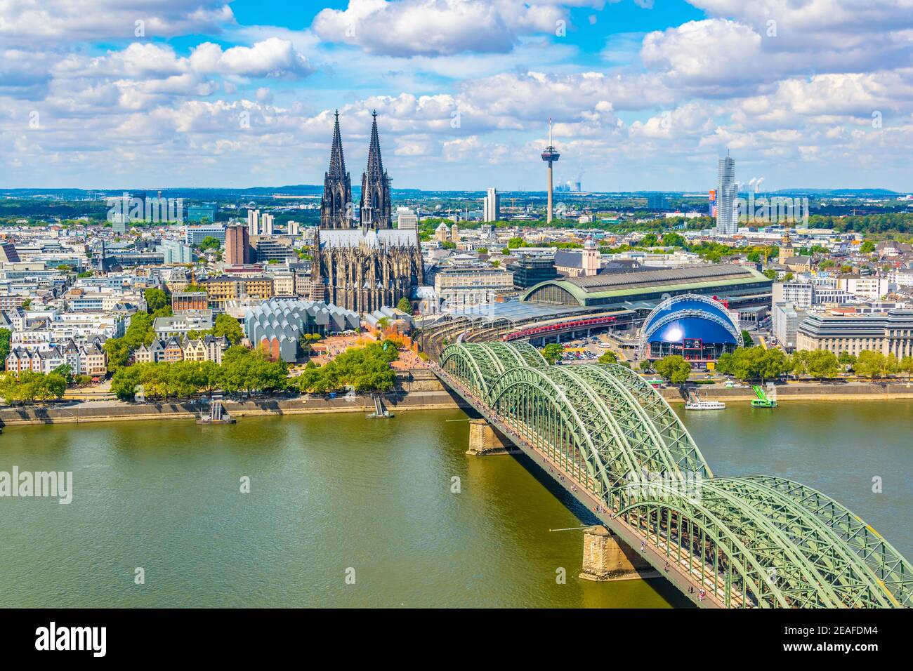 Aerial view of cityscape of Cologne with Hohenzollern bridge, cathedral ...
