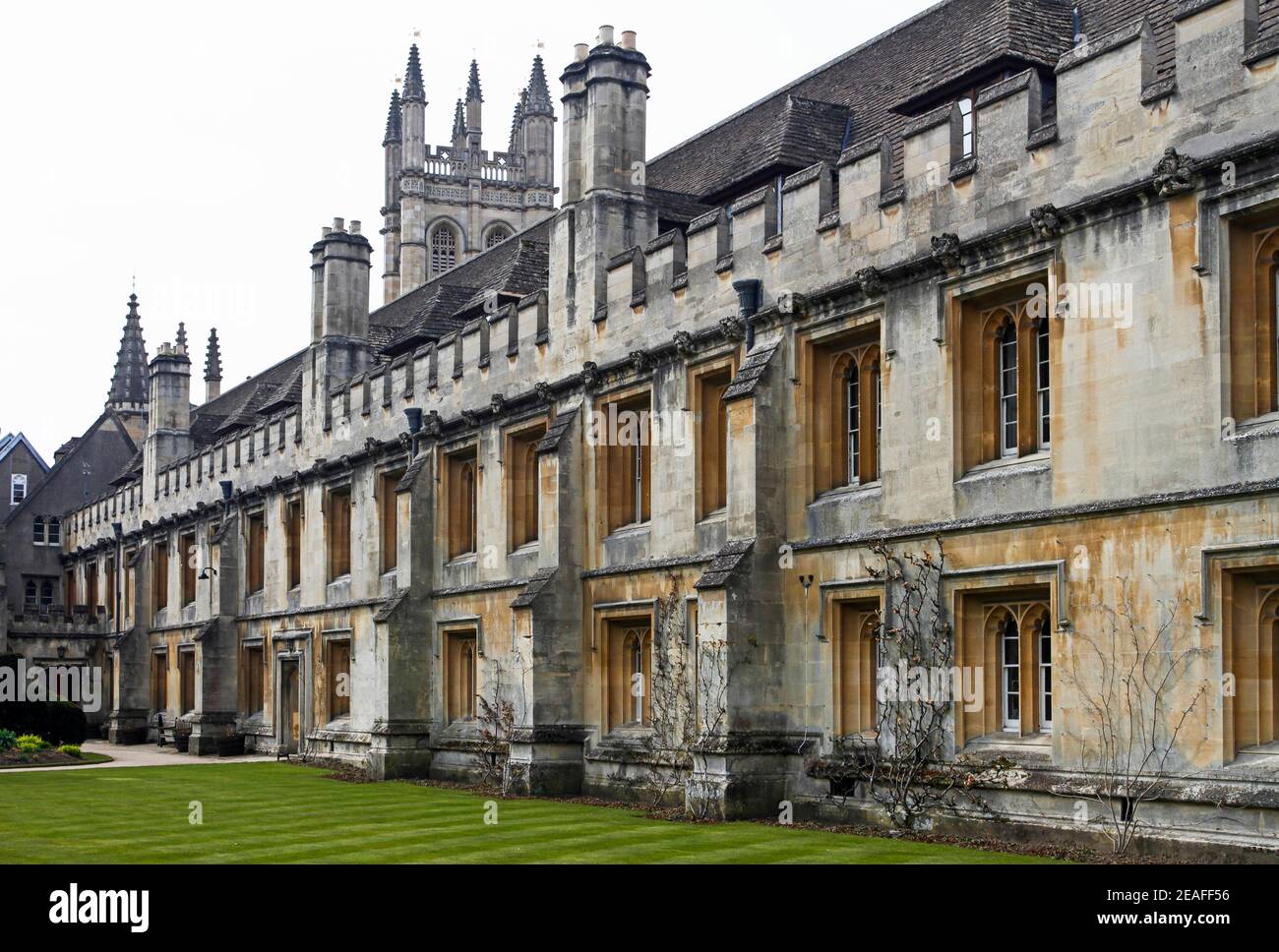 Magdalen College stone crenellated building. Famous for ornate animal ...