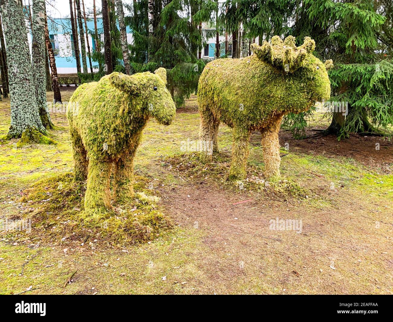 Sculptures of animals in forest from natural materials Stock Photo - Alamy