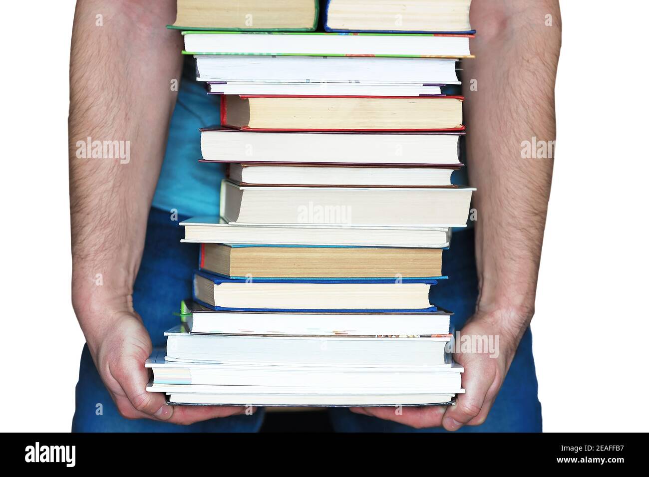 It is a stack of books in a man's hands, isolated on a white background ...