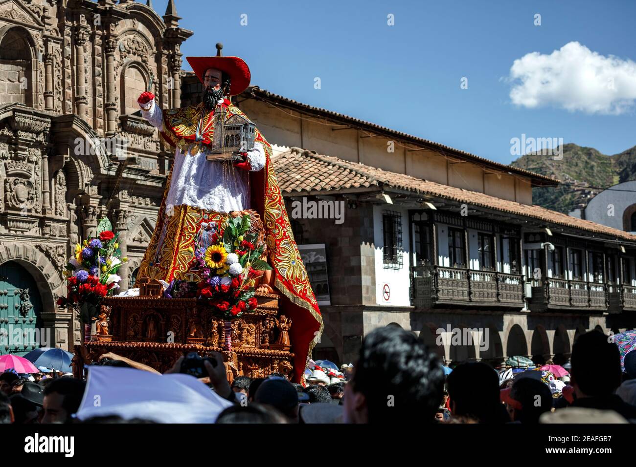 San Jeronimo (St. Geronimo) float in front of La Compania Jesuit Church ...
