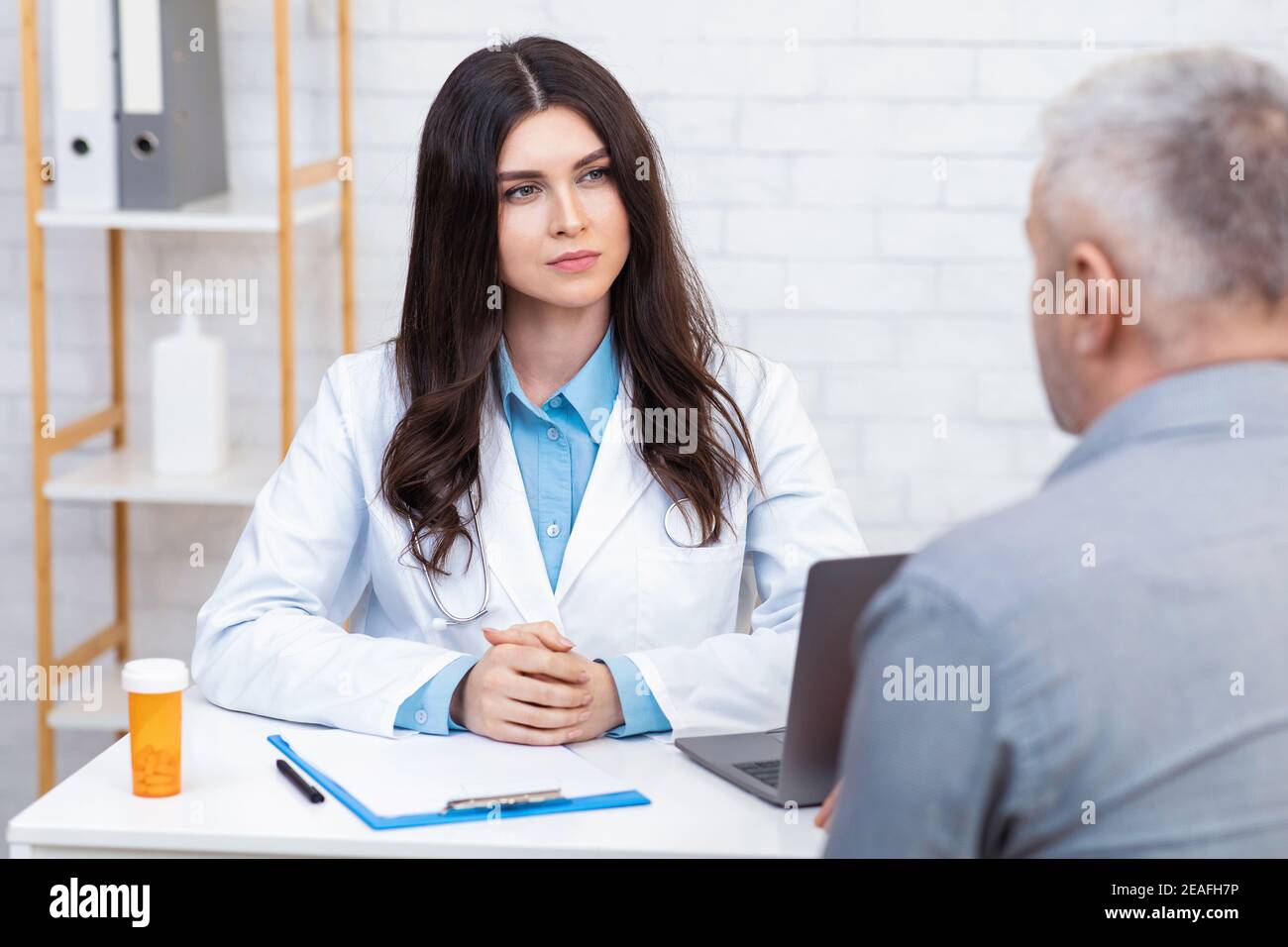 Young female provide care medical service help support, old man has ...