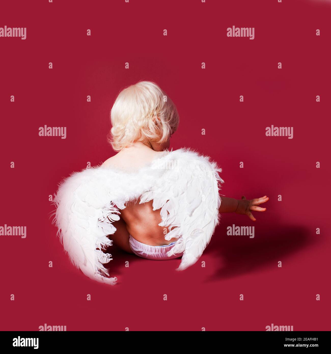 Little curly blond Angel boy sitting on the red Stock Photo - Alamy
