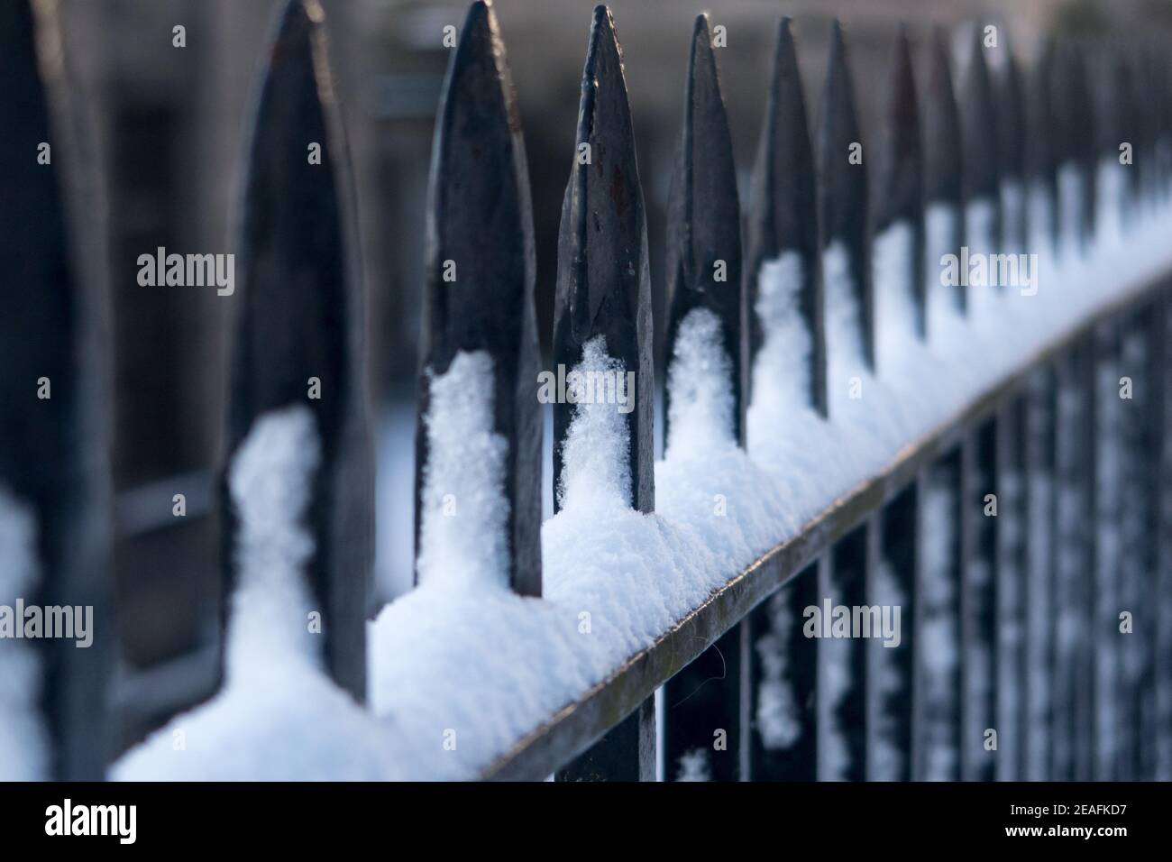 A metal fence covered in snow Stock Photo - Alamy
