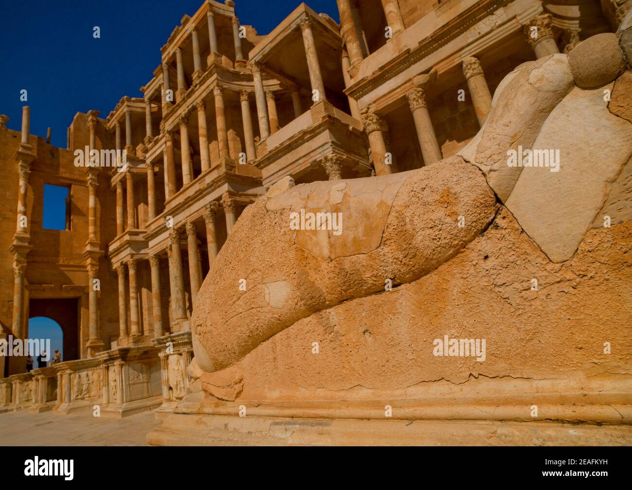 Dolphin statue in theatre in ancient roman city, Tripolitania, Sabratha ...