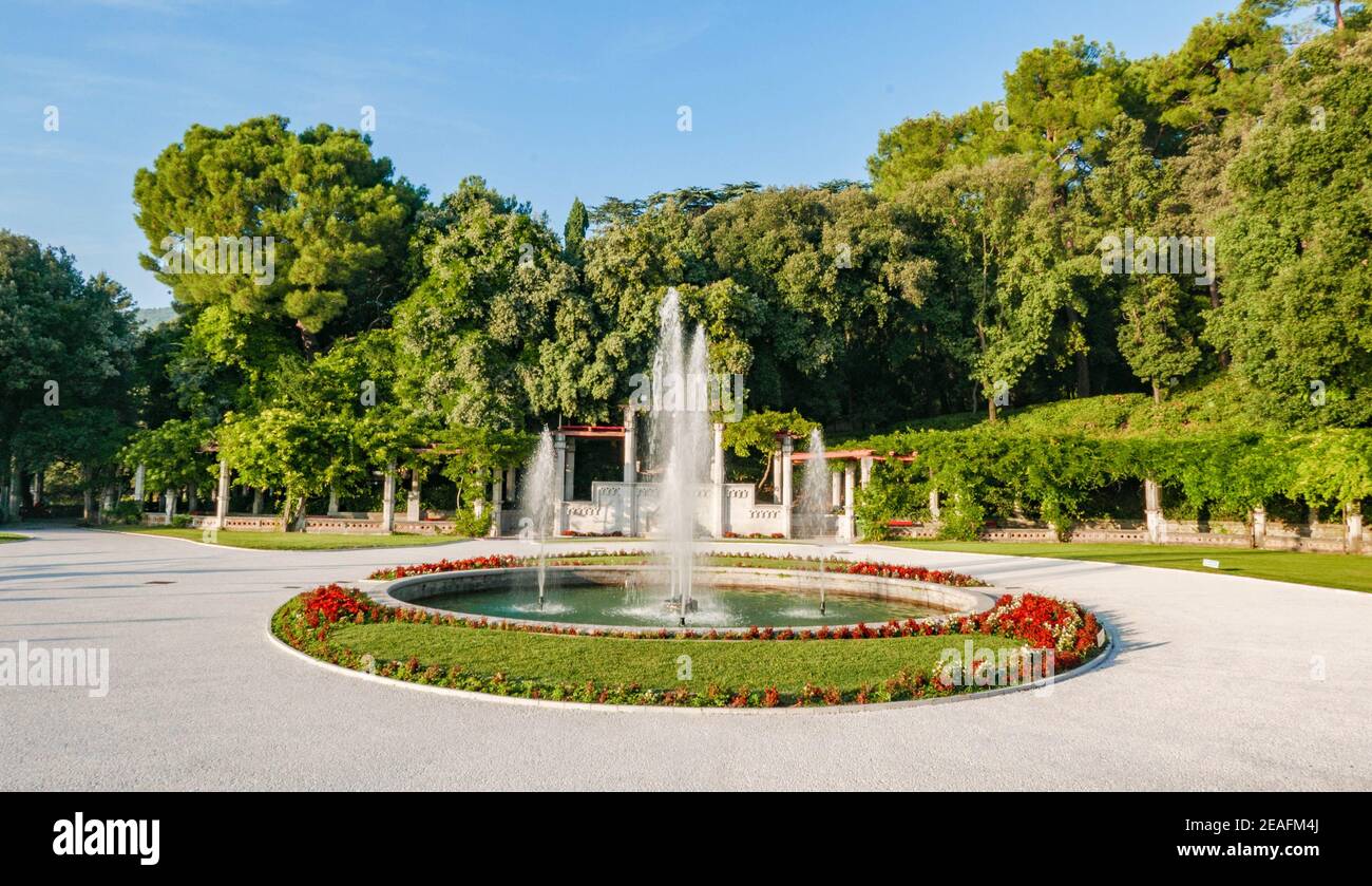 Beautiful view of a fountain surrounded by tall trees by the sea under ...
