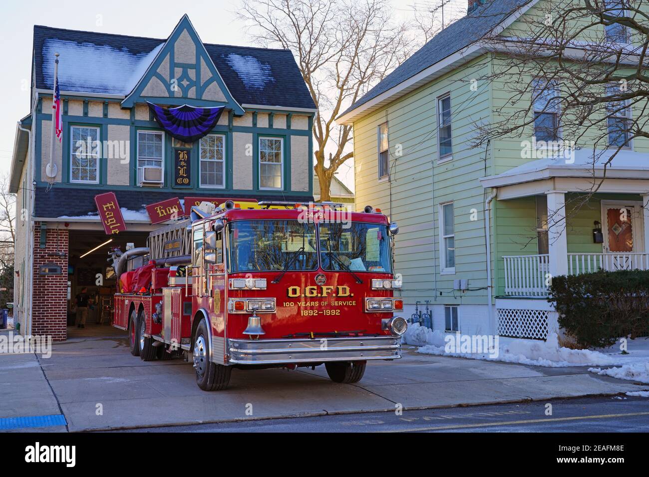 OCEAN GROVE, NJ -4 FEB 2021- View of a large fire truck at a Hook and ...