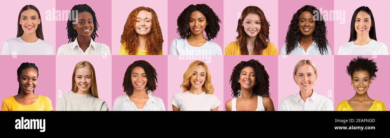 Attractive young ladies of different nationalities and looks on pink ...